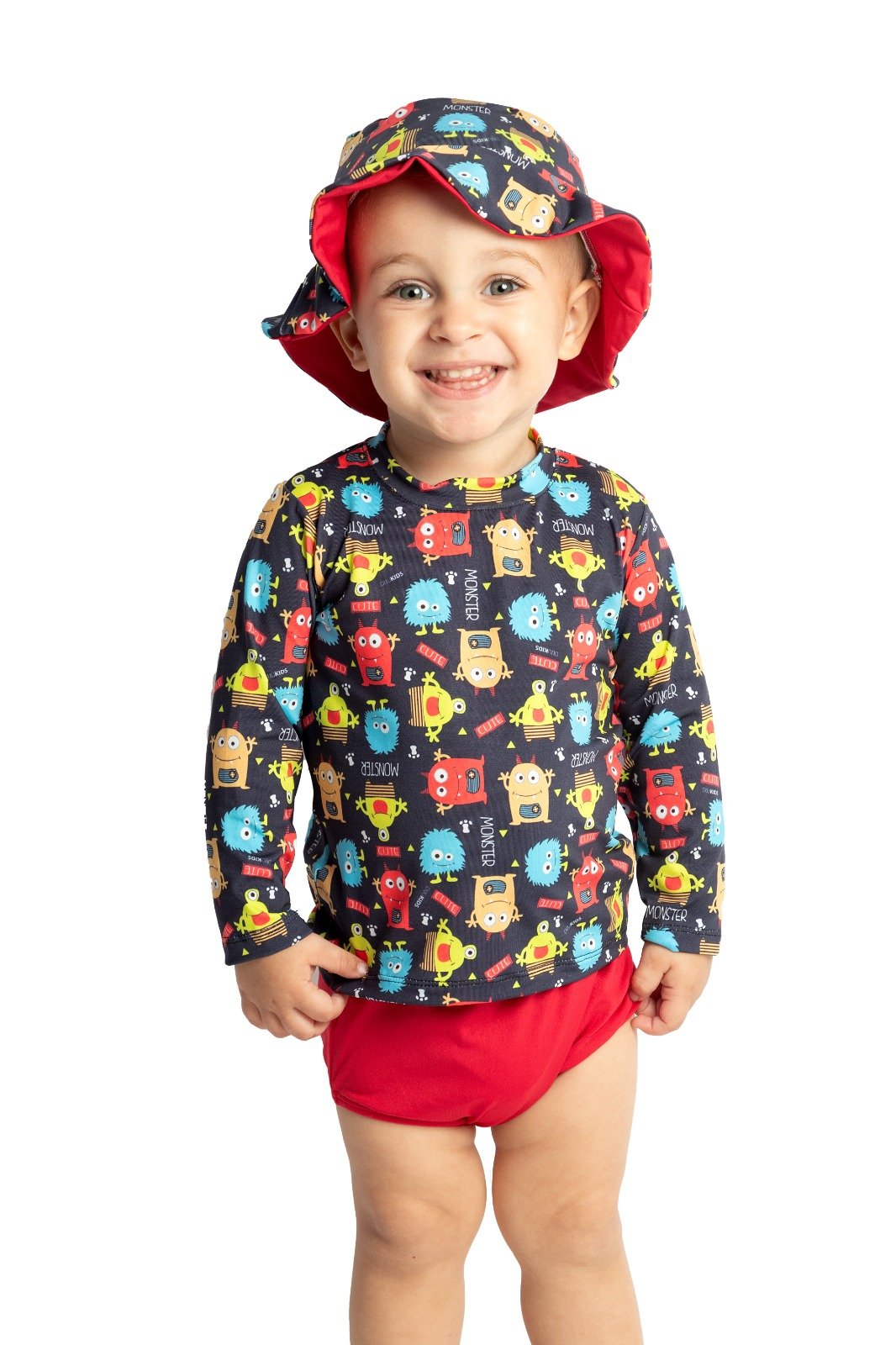 Kit Praia 3 Peças Infantil Com Proteção Solar UV Monster Preto Diju