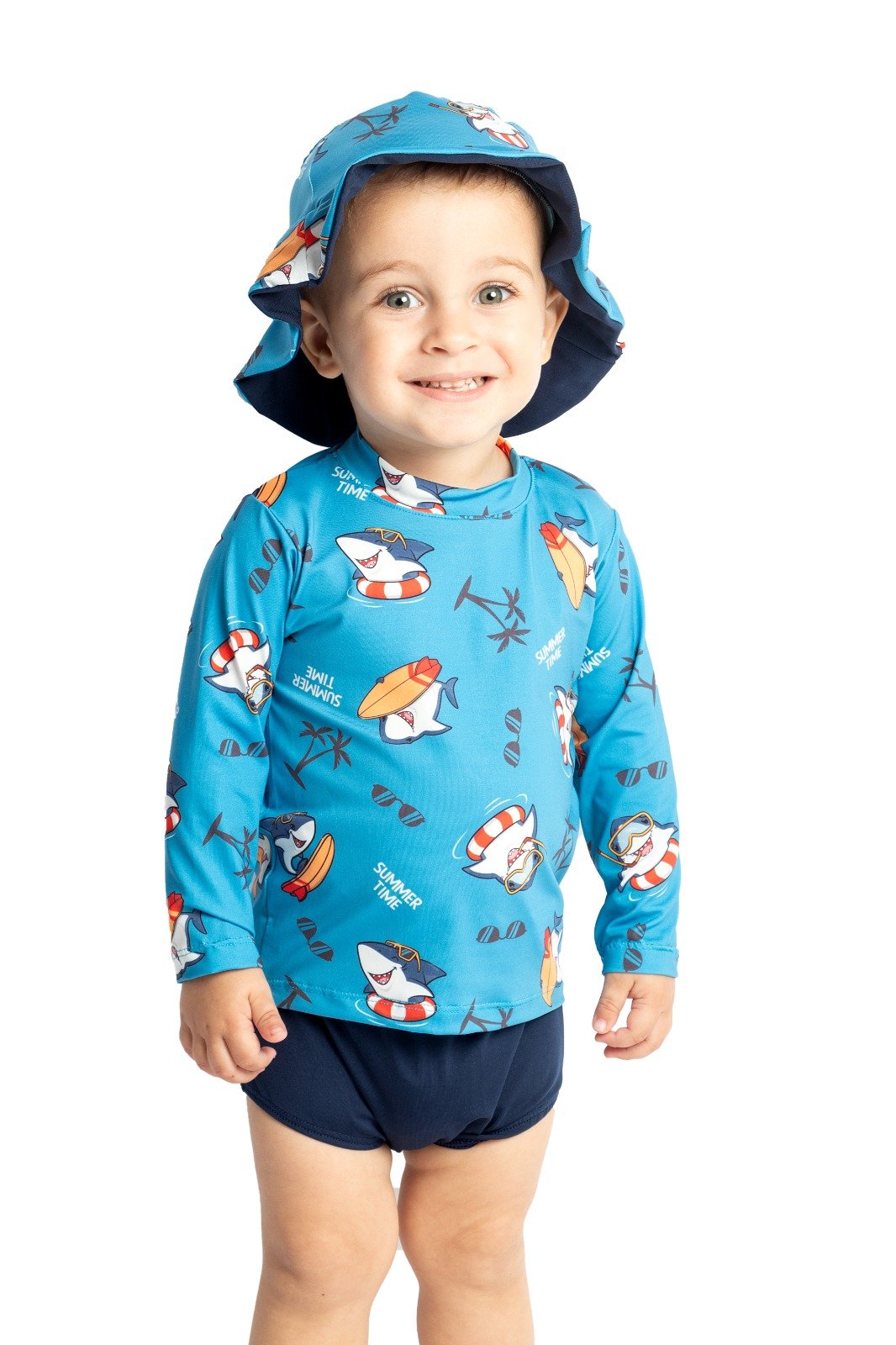Kit Praia 3 Peças Infantil Com Proteção Solar UV Tubarão Azul Diju